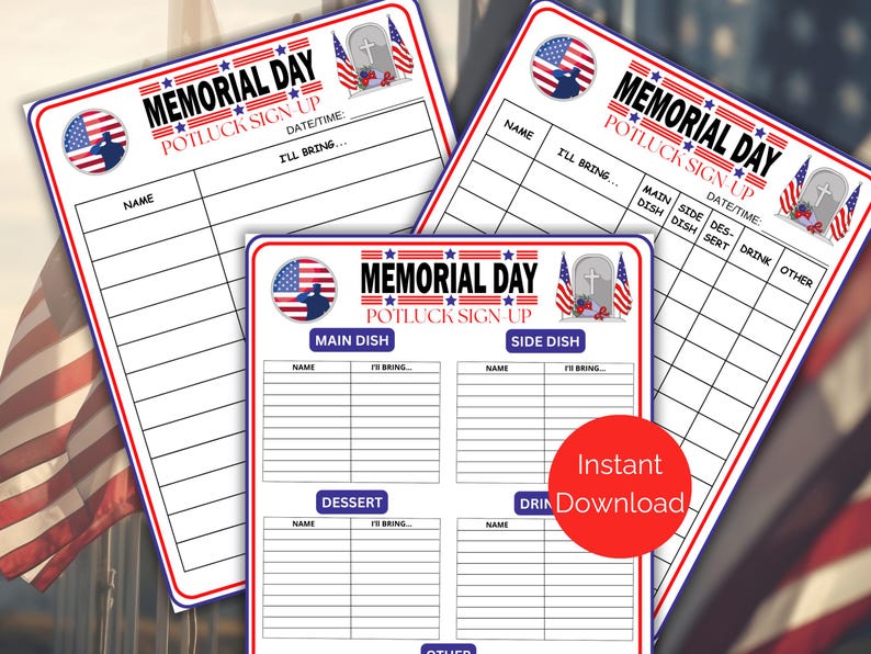 Memorial Day Potluck Sign up Sheet, Printable Memorial Day Party ...