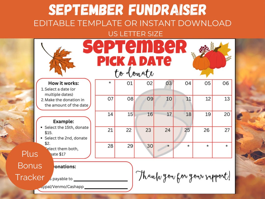Editable September Pick A Date, September Fundraiser Calendar, Fall ...