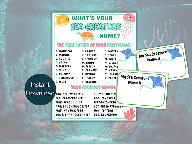 What's Your Sea Creature Name Game + Name Tags, Under the Sea Party ...