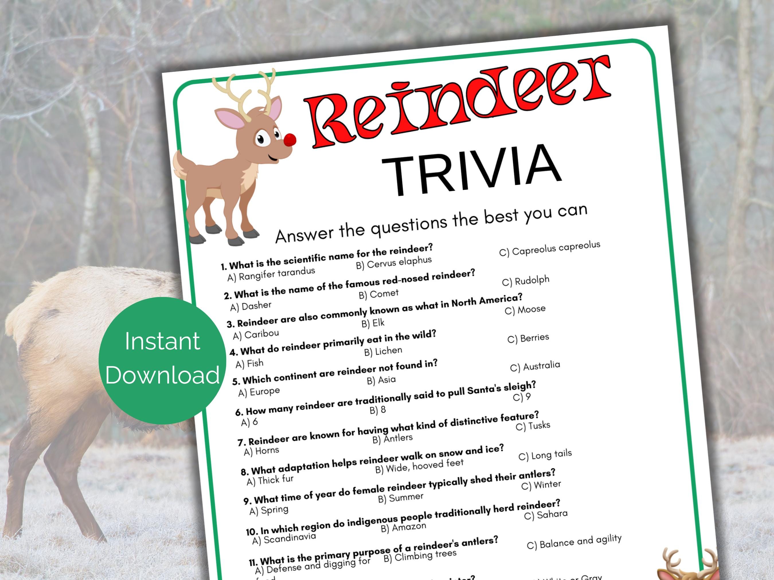 Reindeer Trivia Game, Printable Reindeer Quiz, Christmas Party Game ...