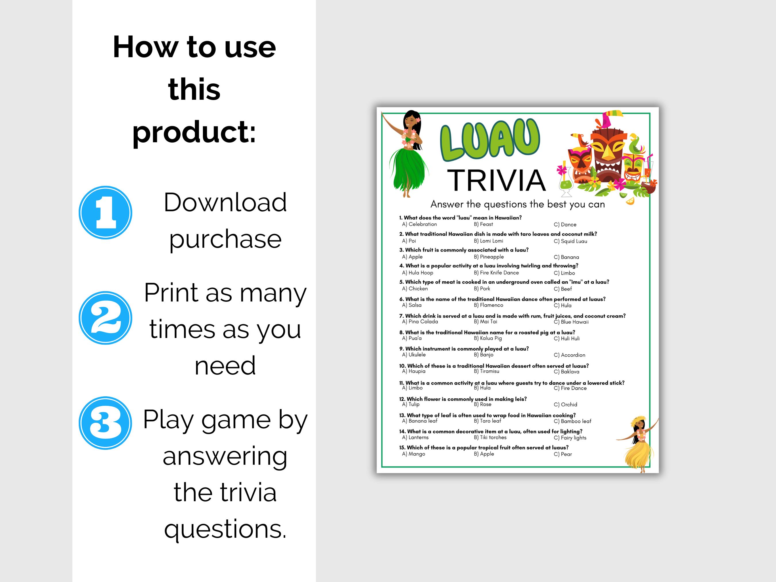 Luau Trivia Game, Luau Quiz, Hawaiian Party Game, Tropical Birthday ... Luau Trivia Game, Luau Quiz, Hawaiian Party Game, Tropical Birthday ...