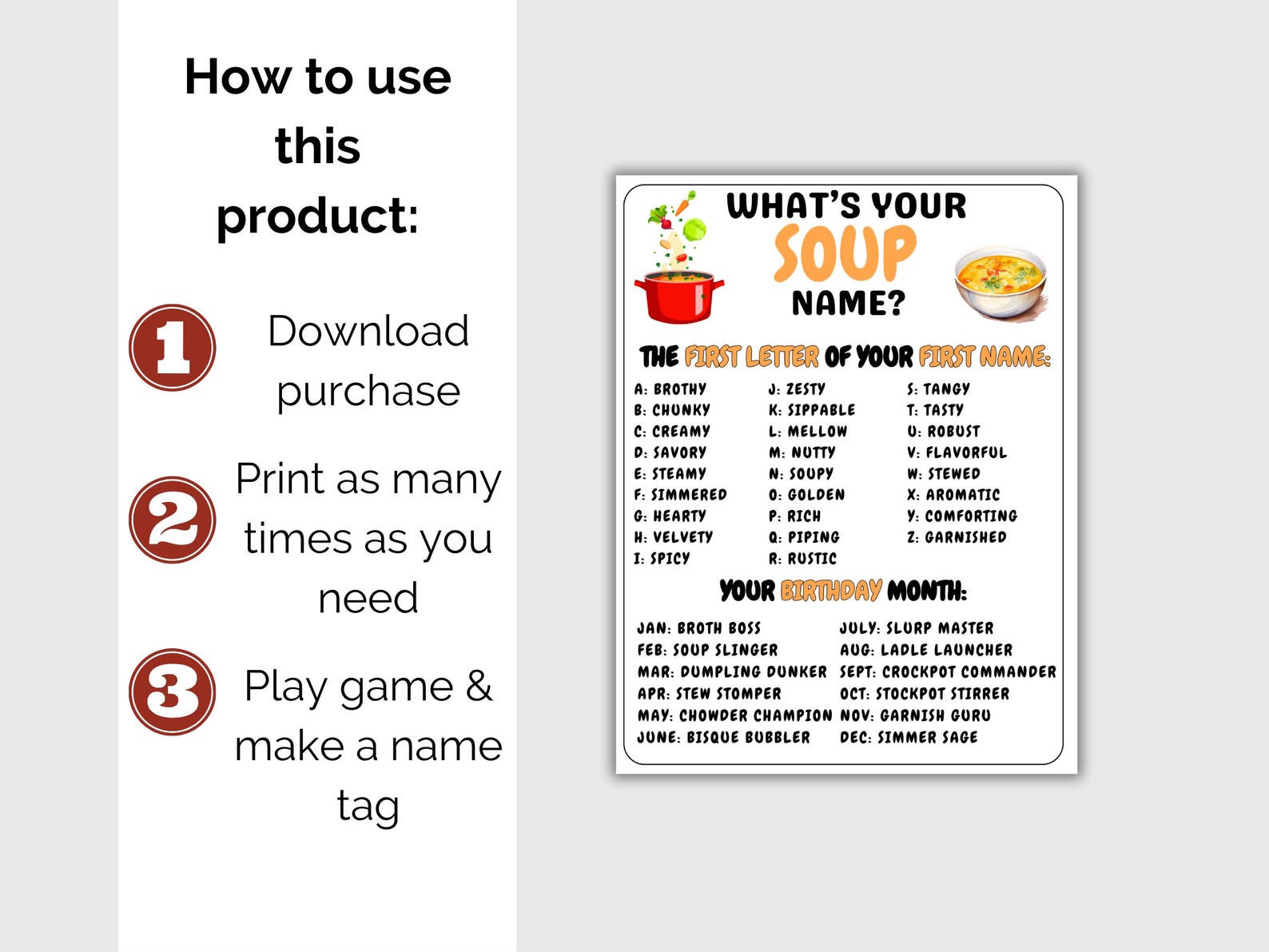 What's Your Soup Name Game + Name Tags, Printable Soup Cook-off Party ...