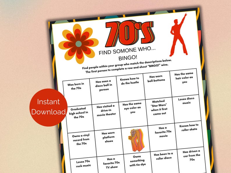 70s Find Someone Who Game, Groovy Mix and Mingle, Human Bingo Party ...