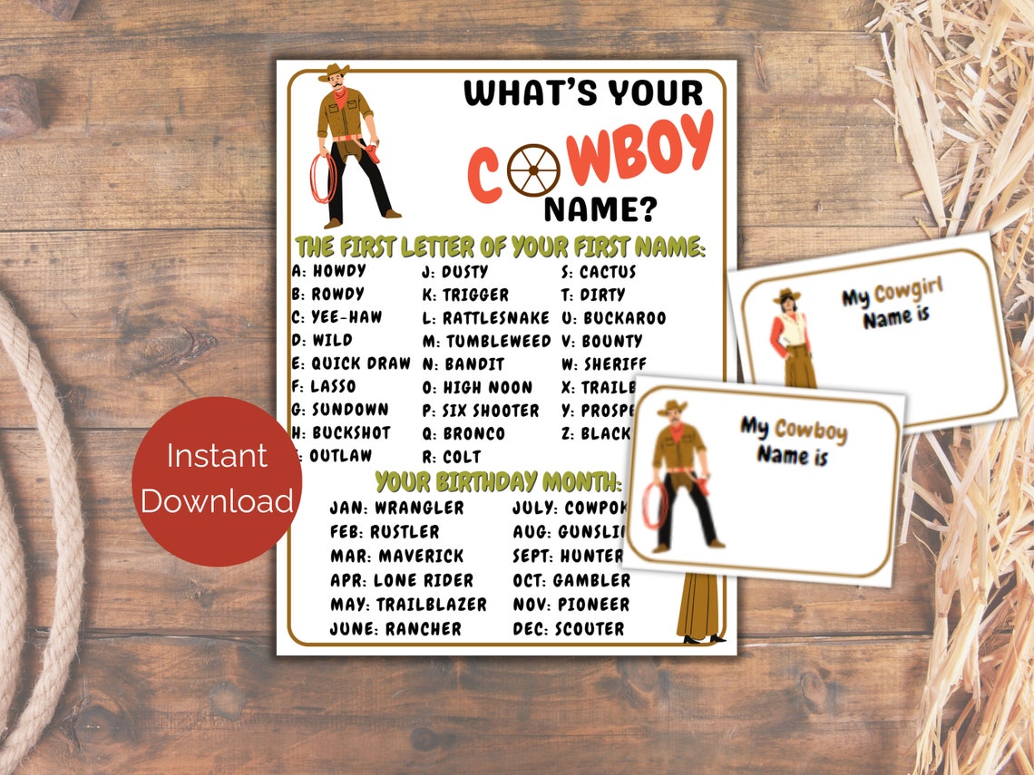What's Your Cowboy Name Game + Name Tags, What's Your Cowgirl Name ...