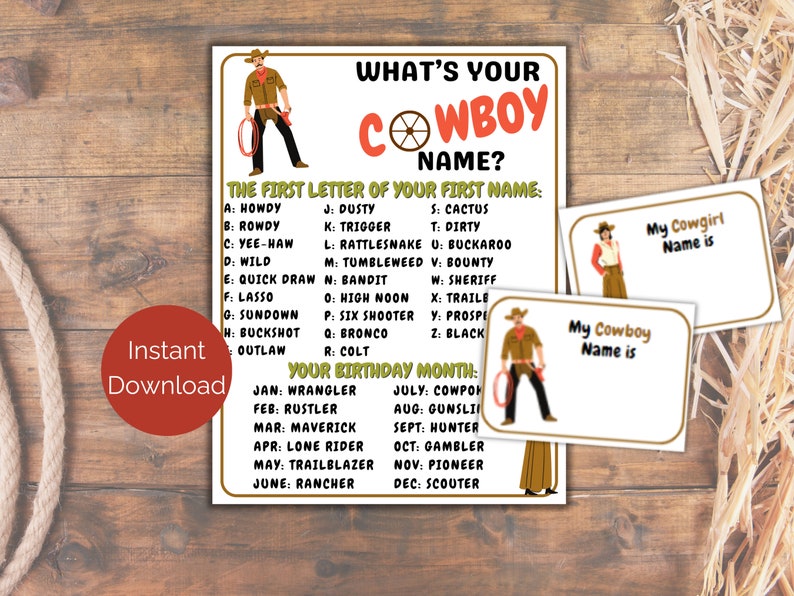 What's Your Cowboy Name Game + Name Tags, What's Your Cowgirl Name ...