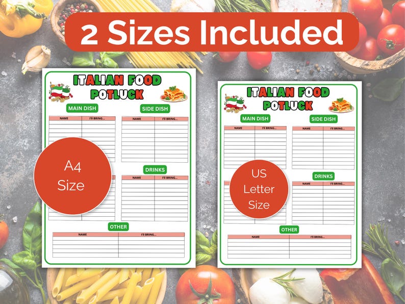 Italian Food Potluck Sign up Sheet, Printable Pasta Dinner Party ...