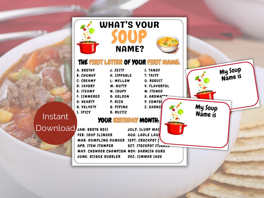What's Your Soup Name Game + Name Tags, Printable Soup Cook-off Party ...