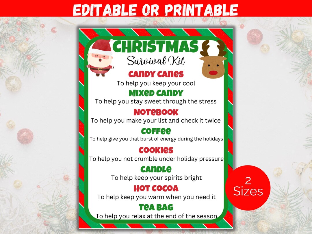 Editable Christmas Survival Kit Gift Tags, Holiday Gift Idea, Funny ...