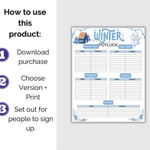 Winter Party Potluck Sign up Sheet, Printable Winter Party Sign up Form ...