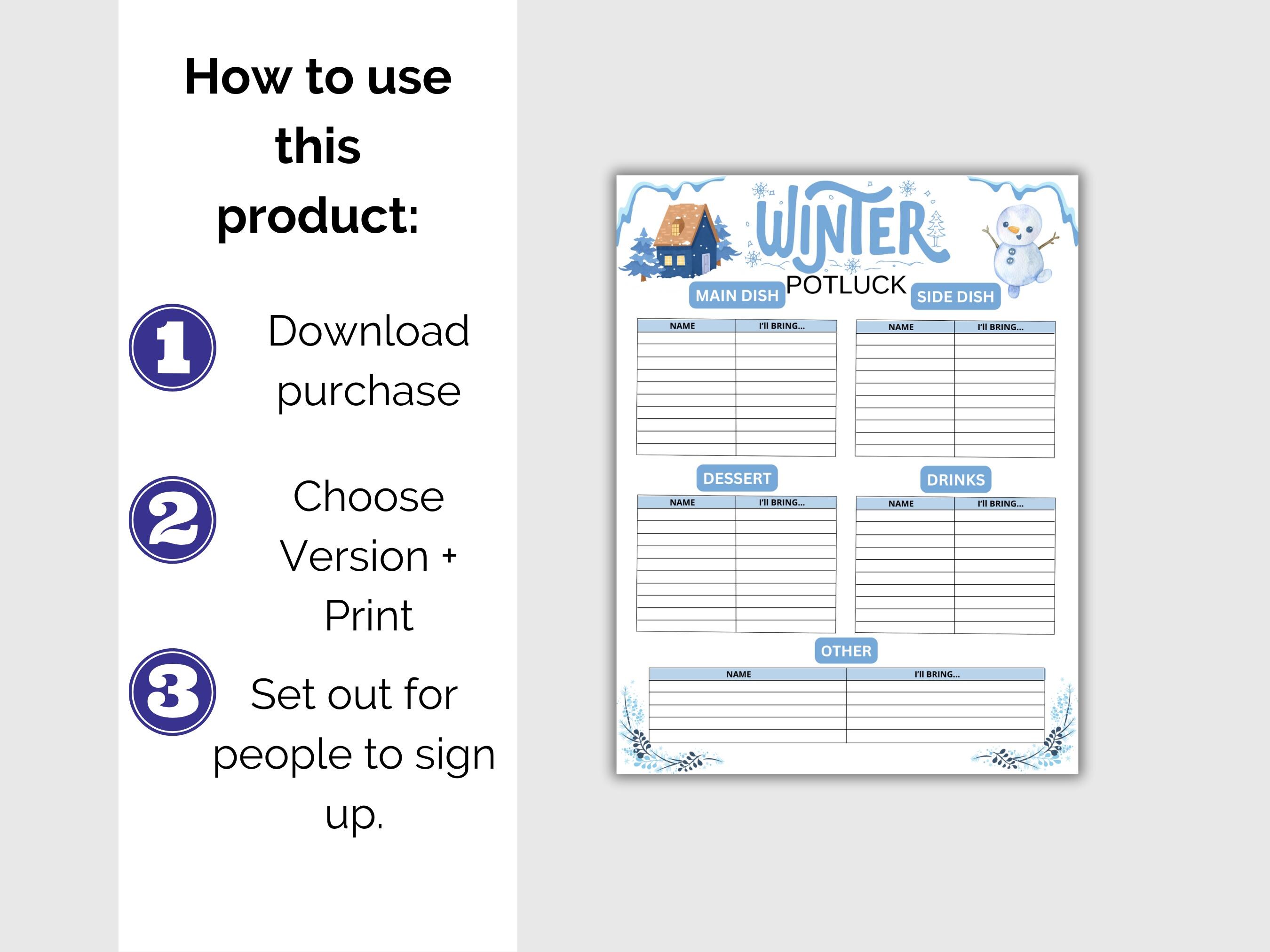 Winter Party Potluck Sign up Sheet, Printable Winter Party Sign up Form ...