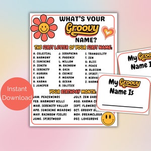 What's Your Groovy Name Game + Name Tags, Groovy Party Game, Retro ...