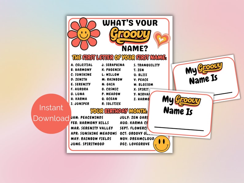 What's Your Groovy Name Game + Name Tags, Groovy Party Game, Retro ...