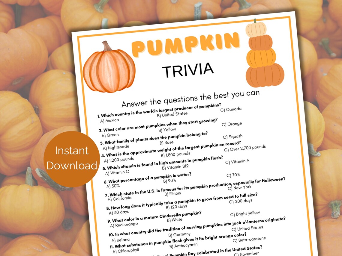 Pumpkin Trivia Game, Pumpkin Quiz, Fall Trivia Game, Printable ...