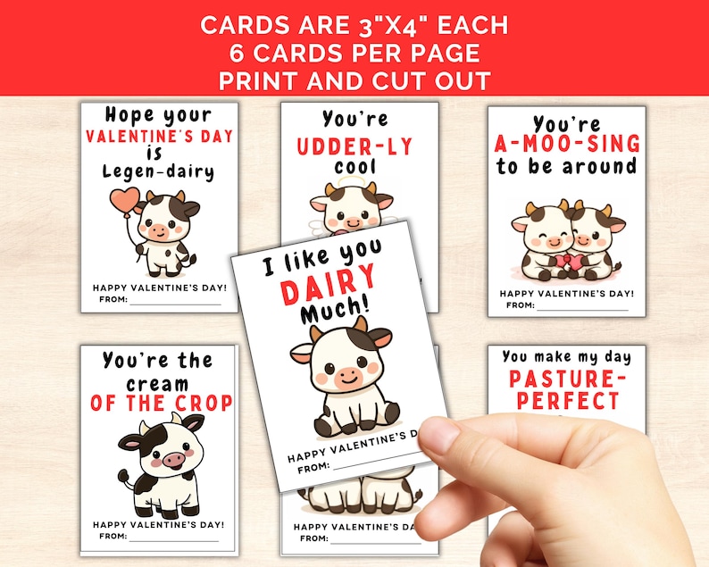 Cow Valentine Cards, 18 Printable Cow Valentines for Kids, Funny School ...
