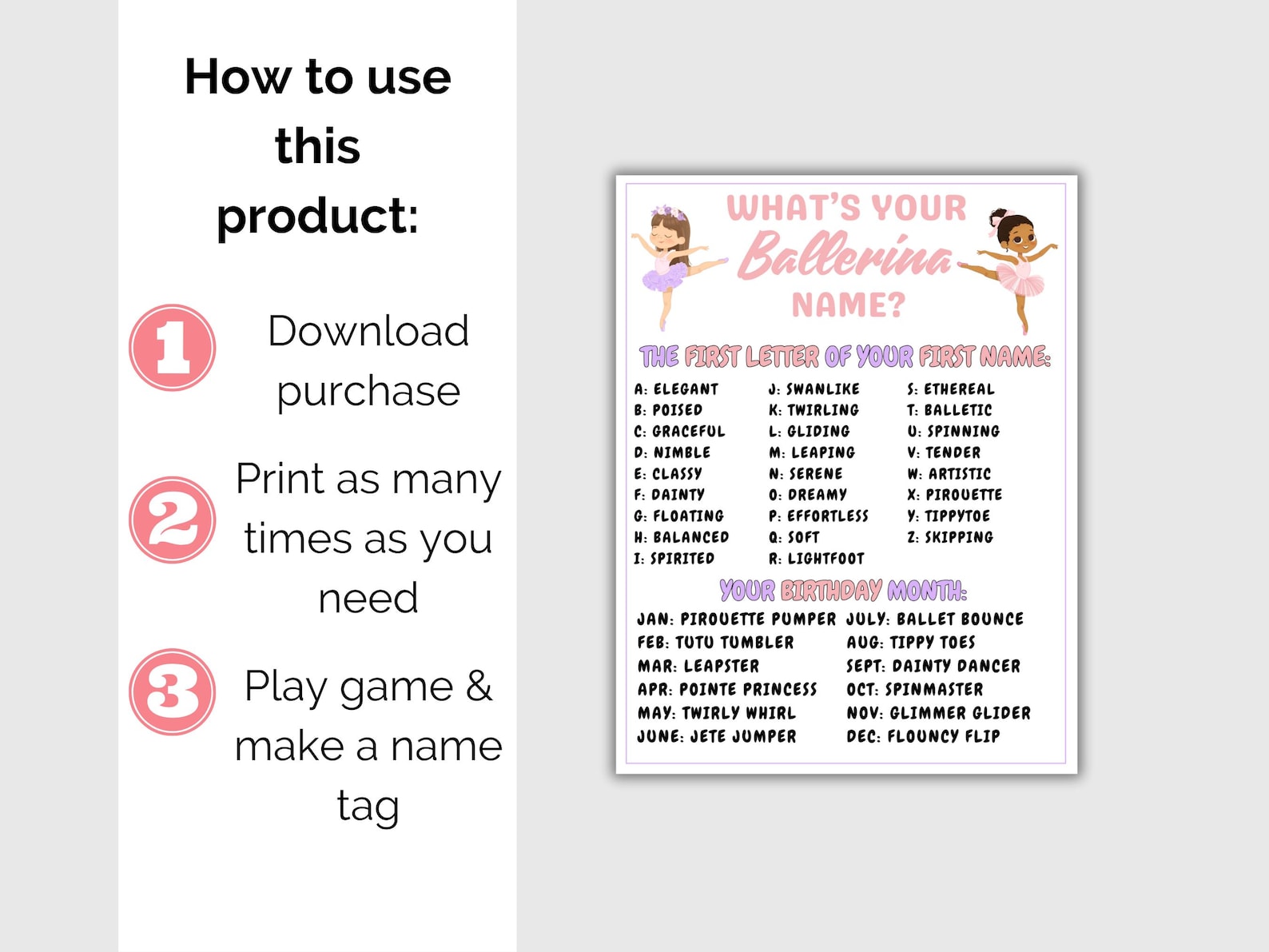 What's Your Ballerina Name Game + Name Tags, Printable Ballet Themed ...
