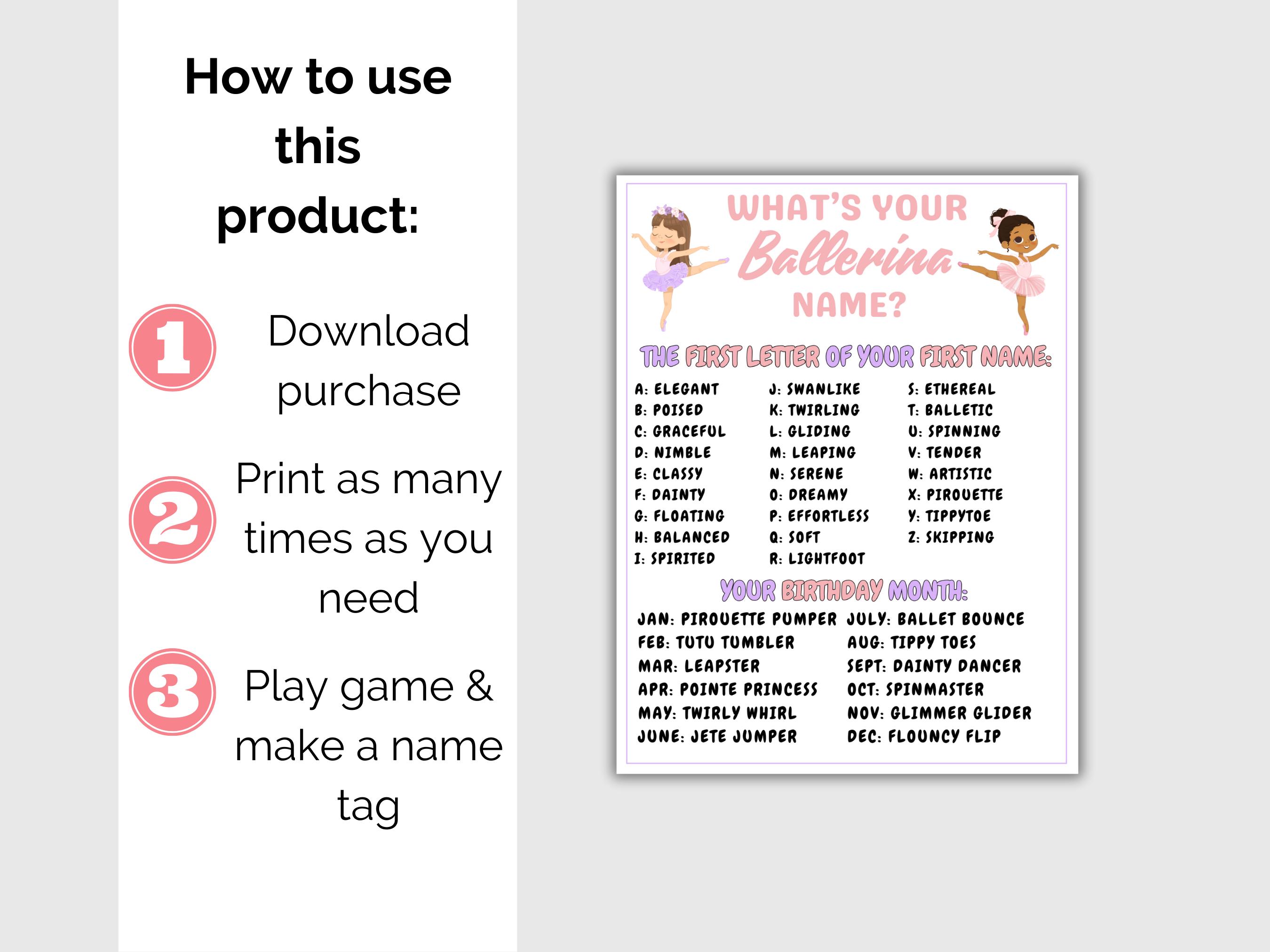 What's Your Ballerina Name Game + Name Tags, Printable Ballet Themed ...