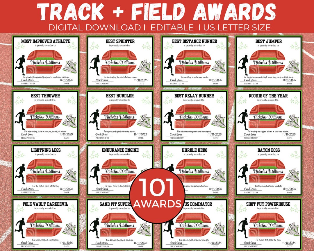 Editable Track + Field Award Certificates, 101 Printable End of Season ...