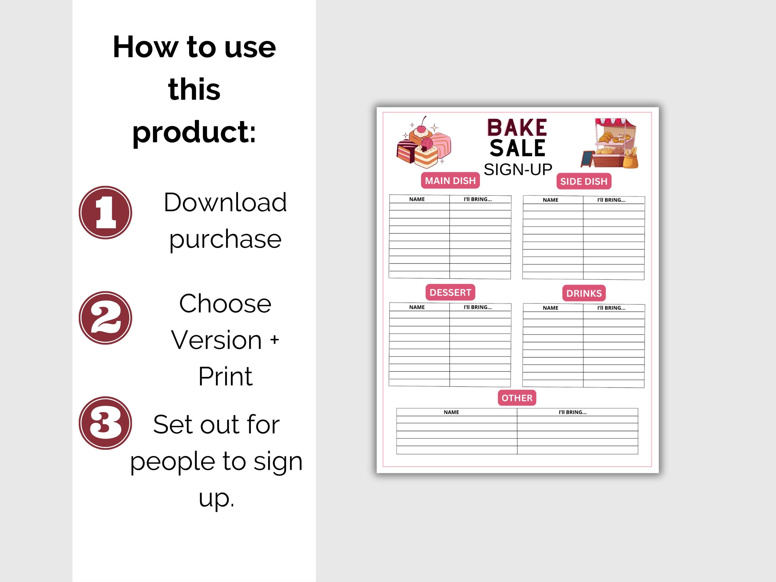 Bake Sale Sign up Sheet, Printable Bake Sale Fundraiser Sign up Form ...
