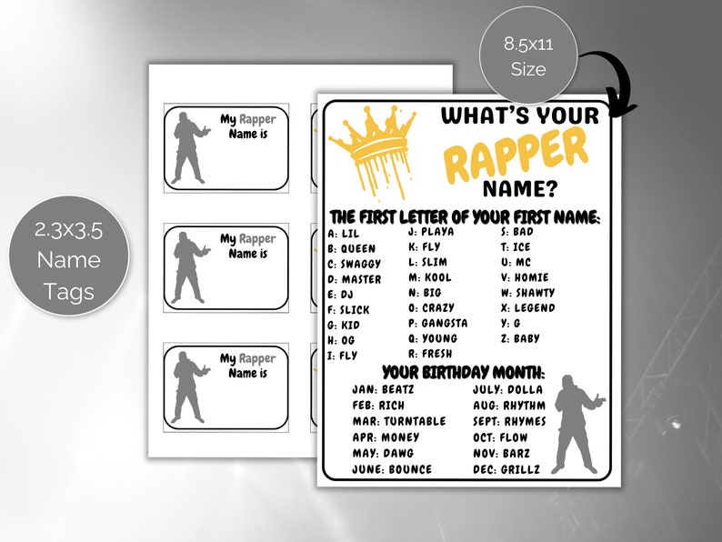 What's Your Rapper Name Game + Name Tags, Hip Hop Party Game, Rap ...