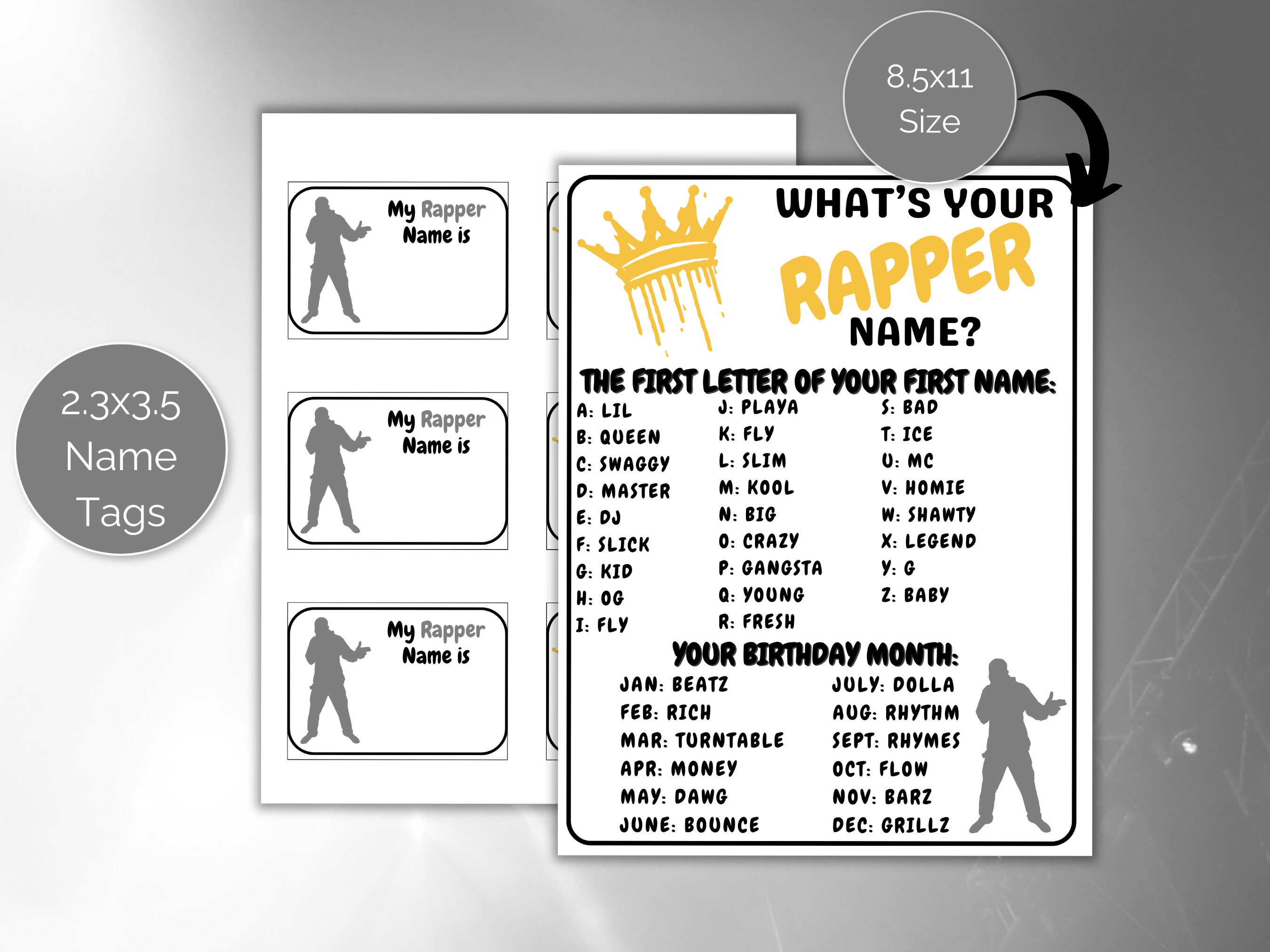 What's Your Rapper Name Game + Name Tags, Hip Hop Party Game, Rap ...