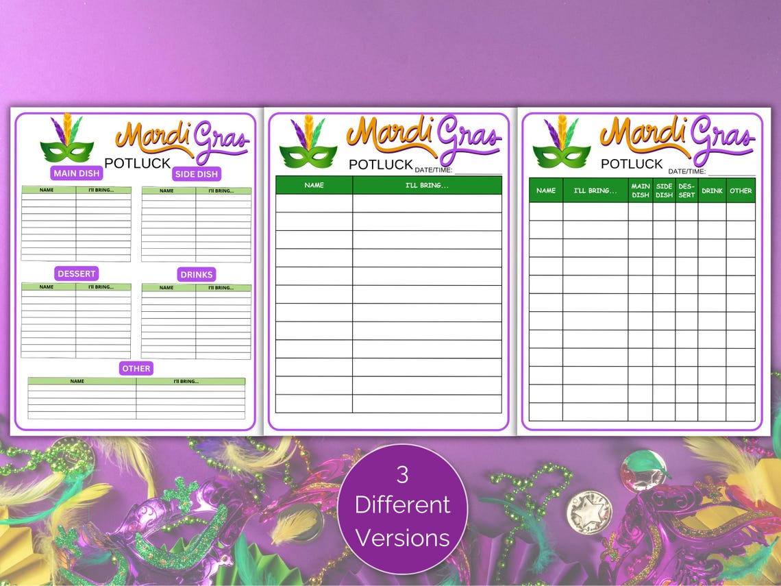Mardi Gras Potluck Sign up Sheet, Printable Mardi Gras Party Potluck ...