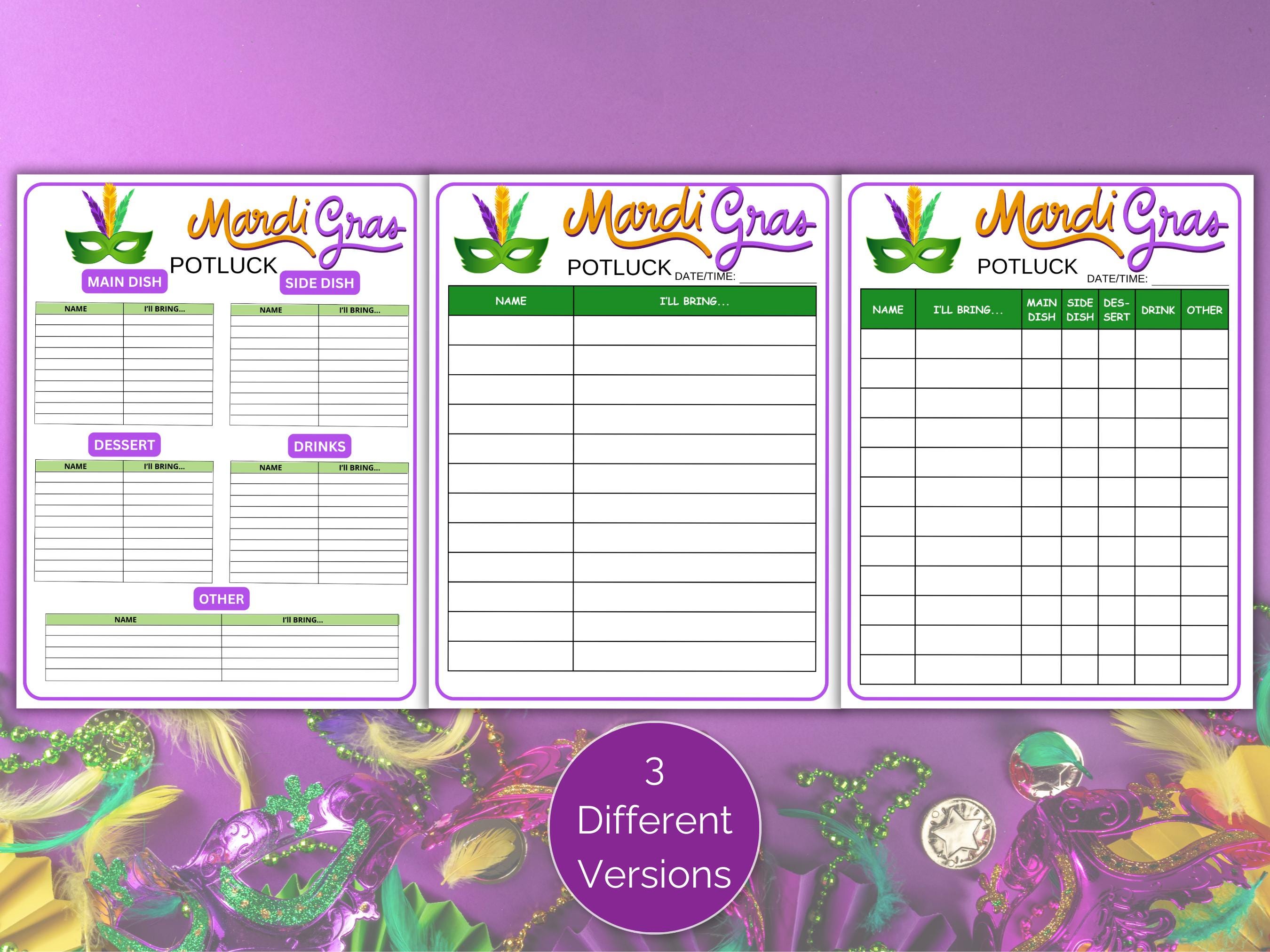 Mardi Gras Potluck Sign up Sheet, Printable Mardi Gras Party Potluck ...