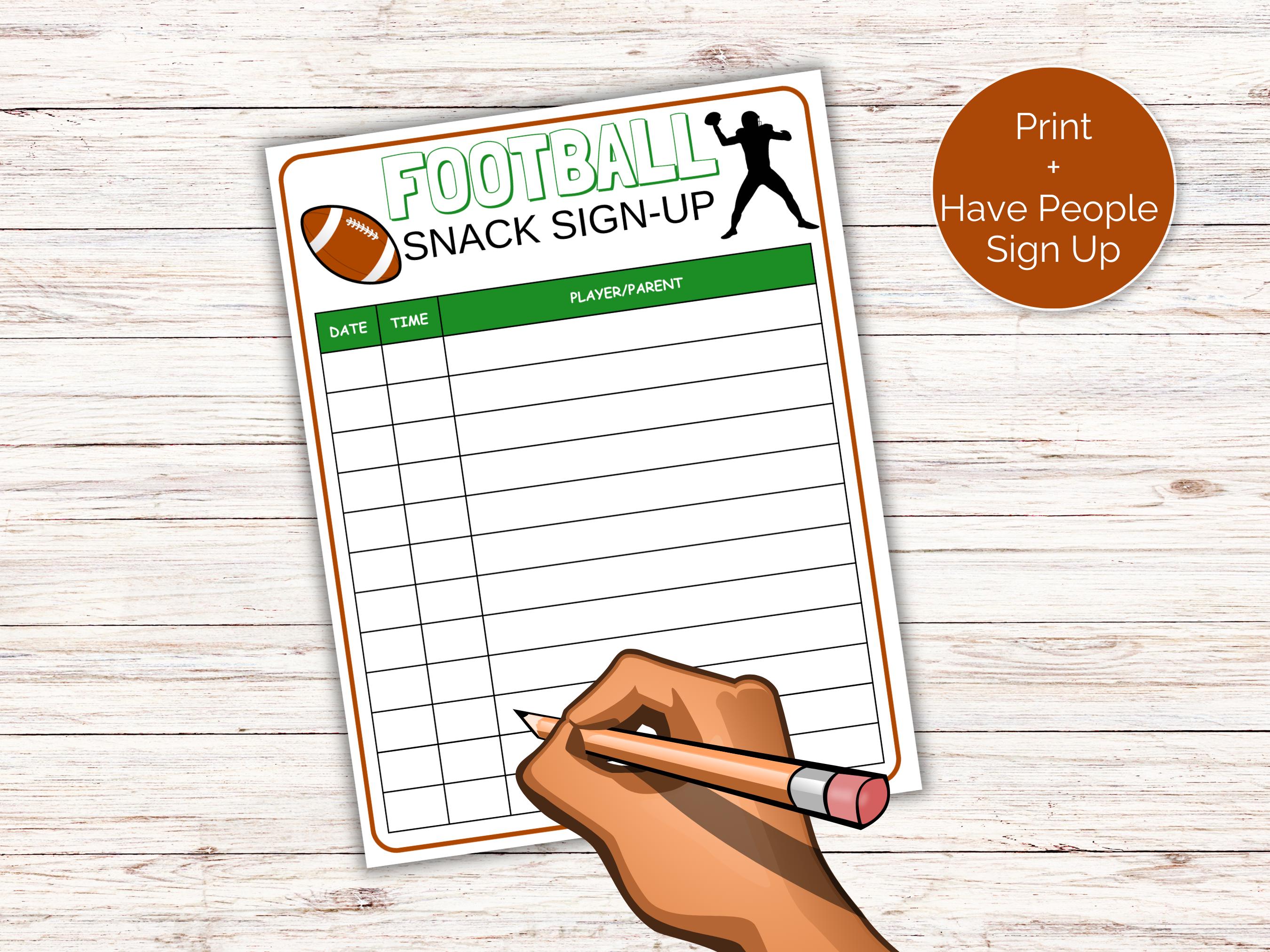 Football Snack Sign up Sheet, Printable Football Snack Schedule ...