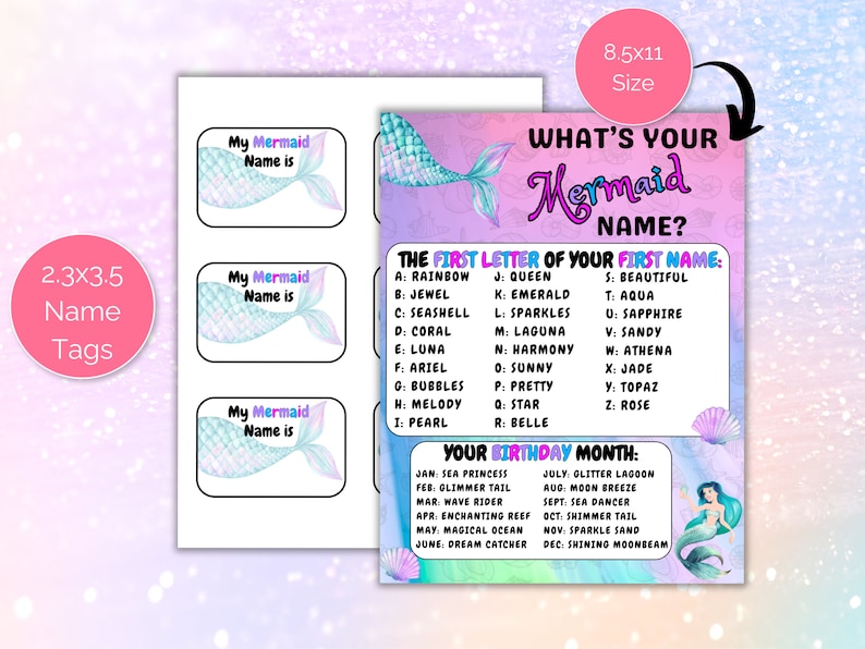 What's Your Mermaid Name Game + Name Tags, Mermaid Birthday Game ...