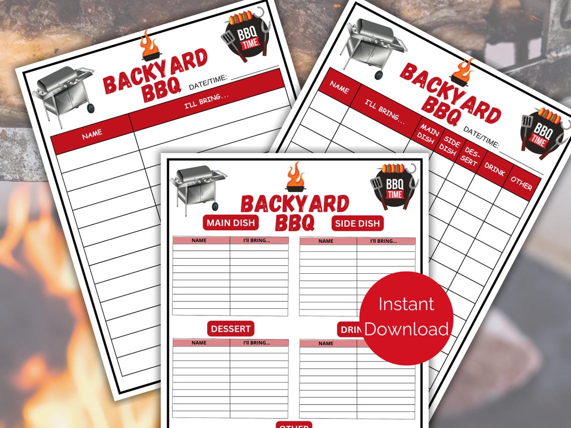 Backyard BBQ Sign up Sheet, Printable Barbecue Potluck Sign up Form ...
