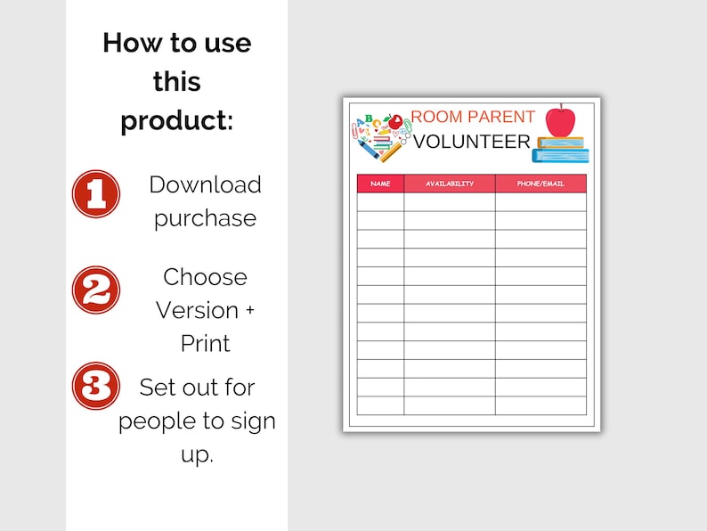Room Parent Volunteer Sign up Sheet, Printable Classroom Volunteer Sign ...