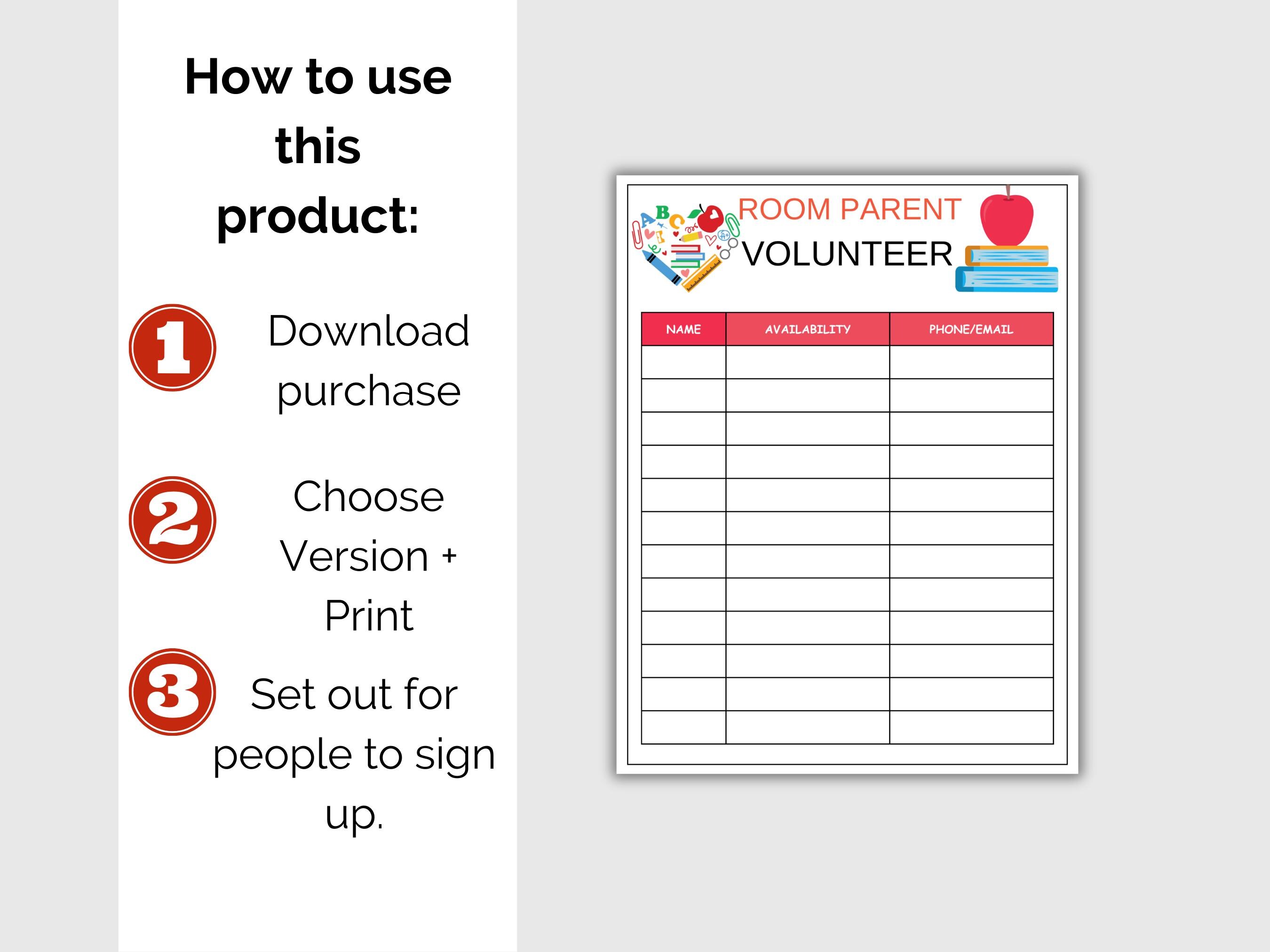 Room Parent Volunteer Sign up Sheet, Printable Classroom Volunteer Sign ...