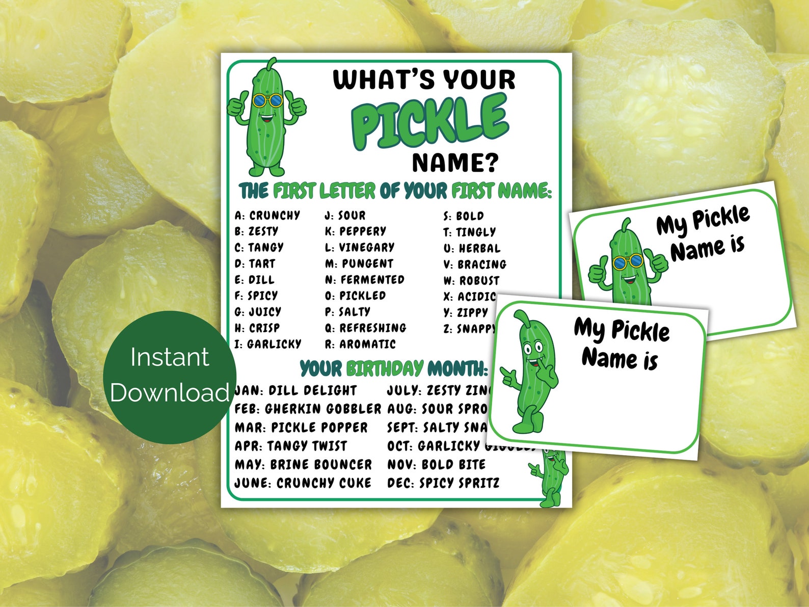 What's Your Pickle Name Game + Name Tags, Pickle Themed Party Activity ...
