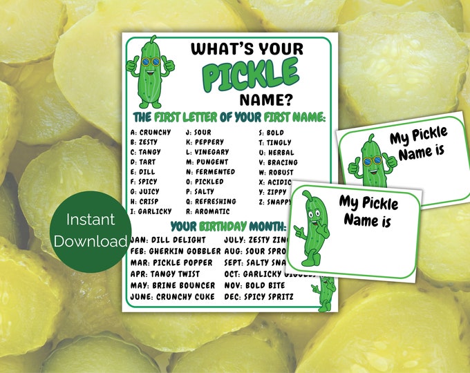 What's Your Pickle Name Game + Name Tags, Pickle Themed Party Activity ...