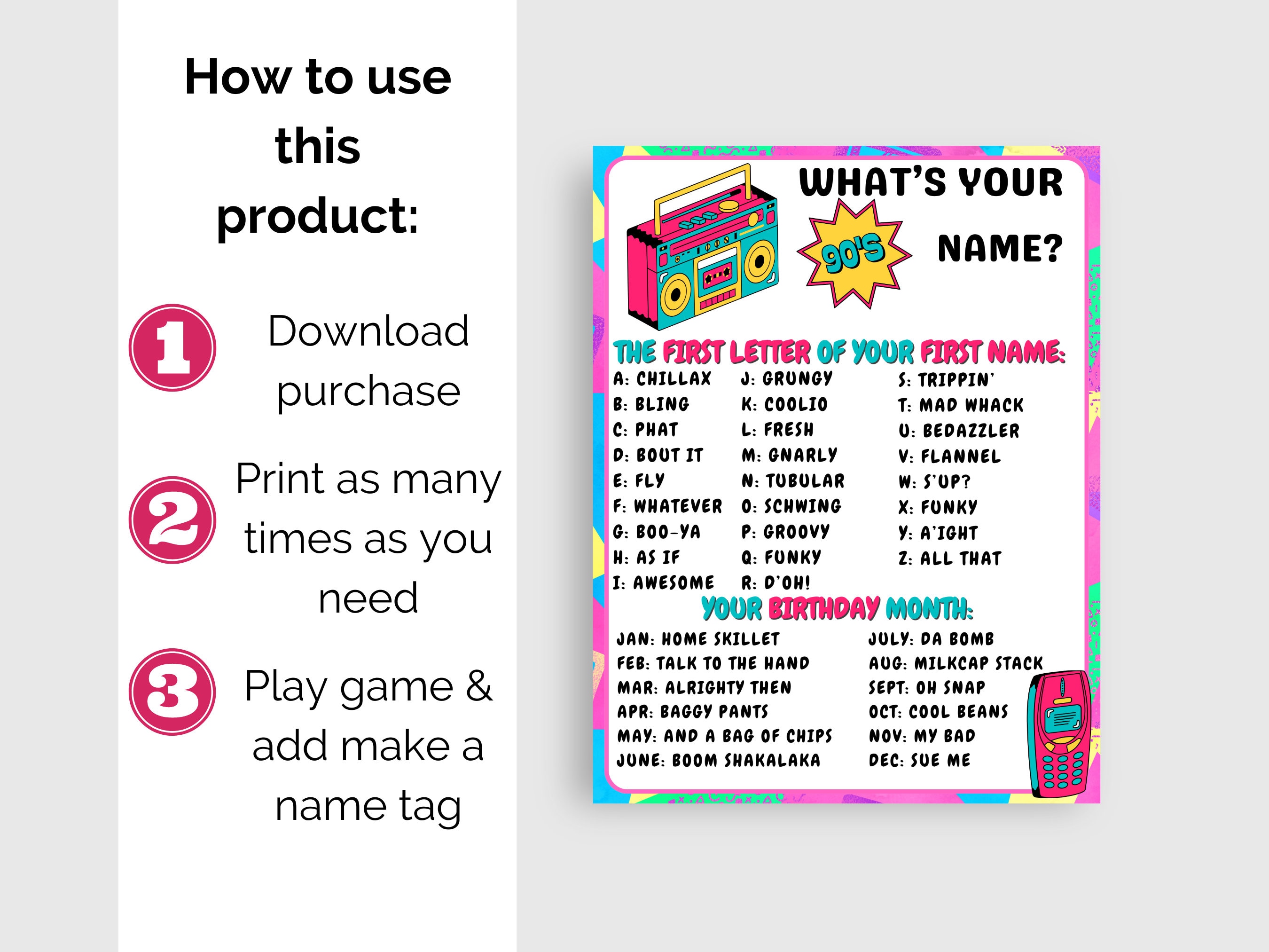 What's Your 90s Name Game + Name Tags, 90s Themed Birthday Game, 1990s ...