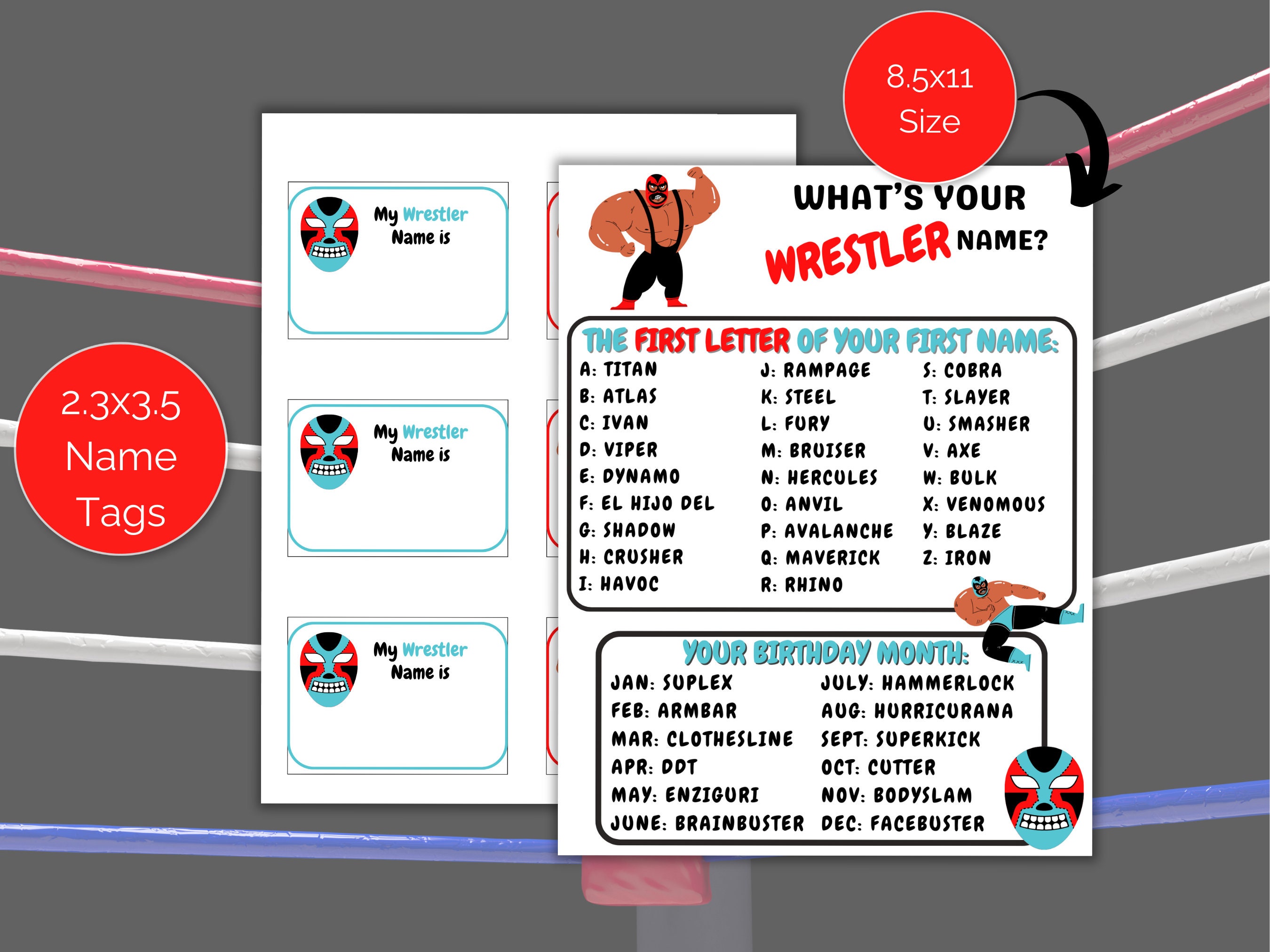 What's Your Wrestler Name Game + Name Tags, Wrestling Birthday Party ...