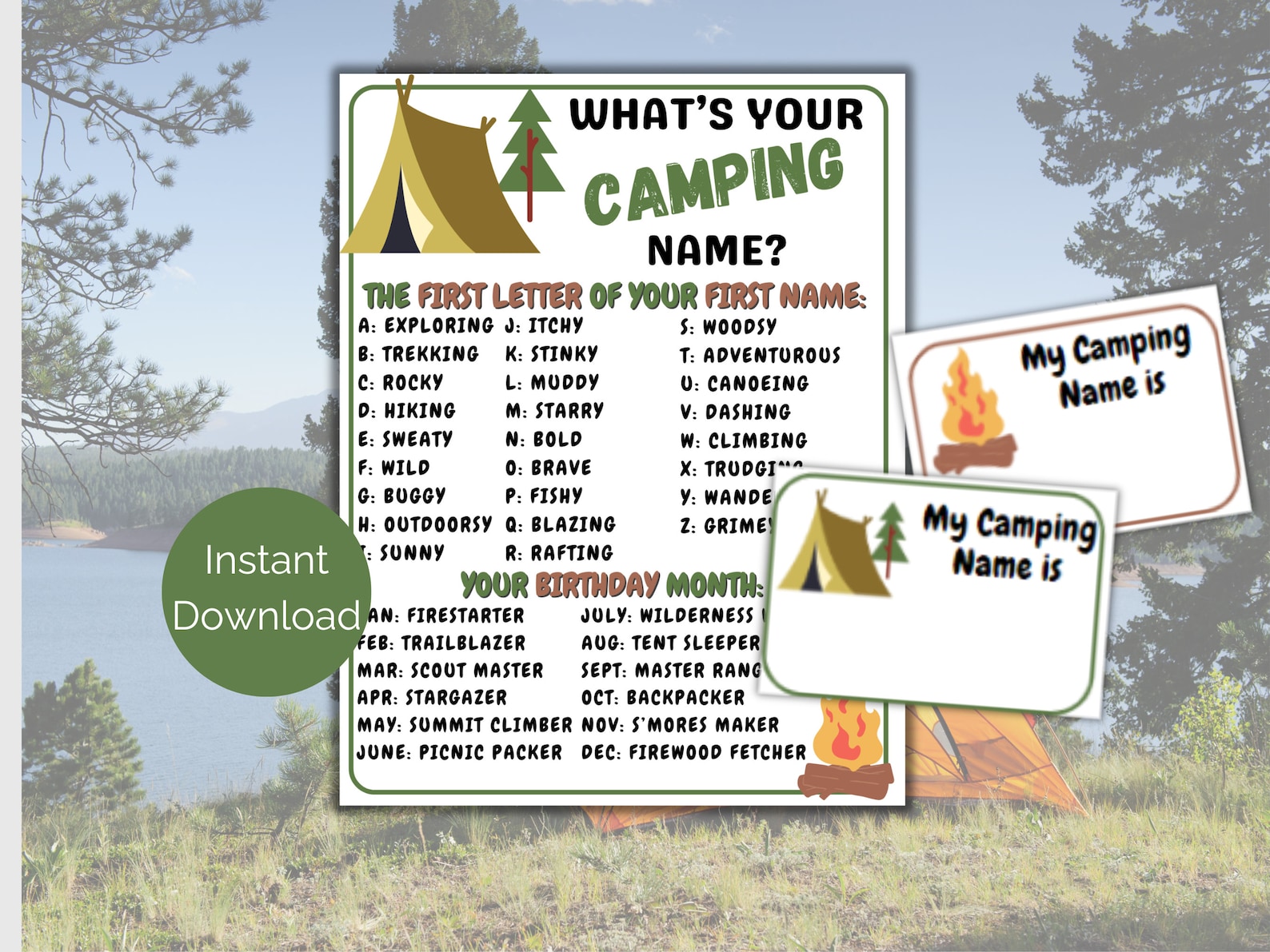 What's Your Camping Name Game + Name Tags, Camping Birthday Activity ...