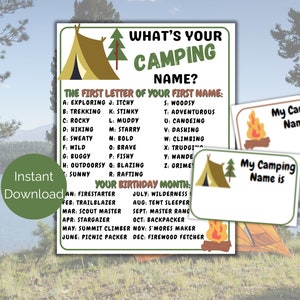 What's Your Camping Name Game + Name Tags, Camping Birthday Activity ...