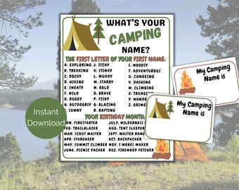 Camping Game, What's Your Camping Name Game WITH Name Tags & Sign ...