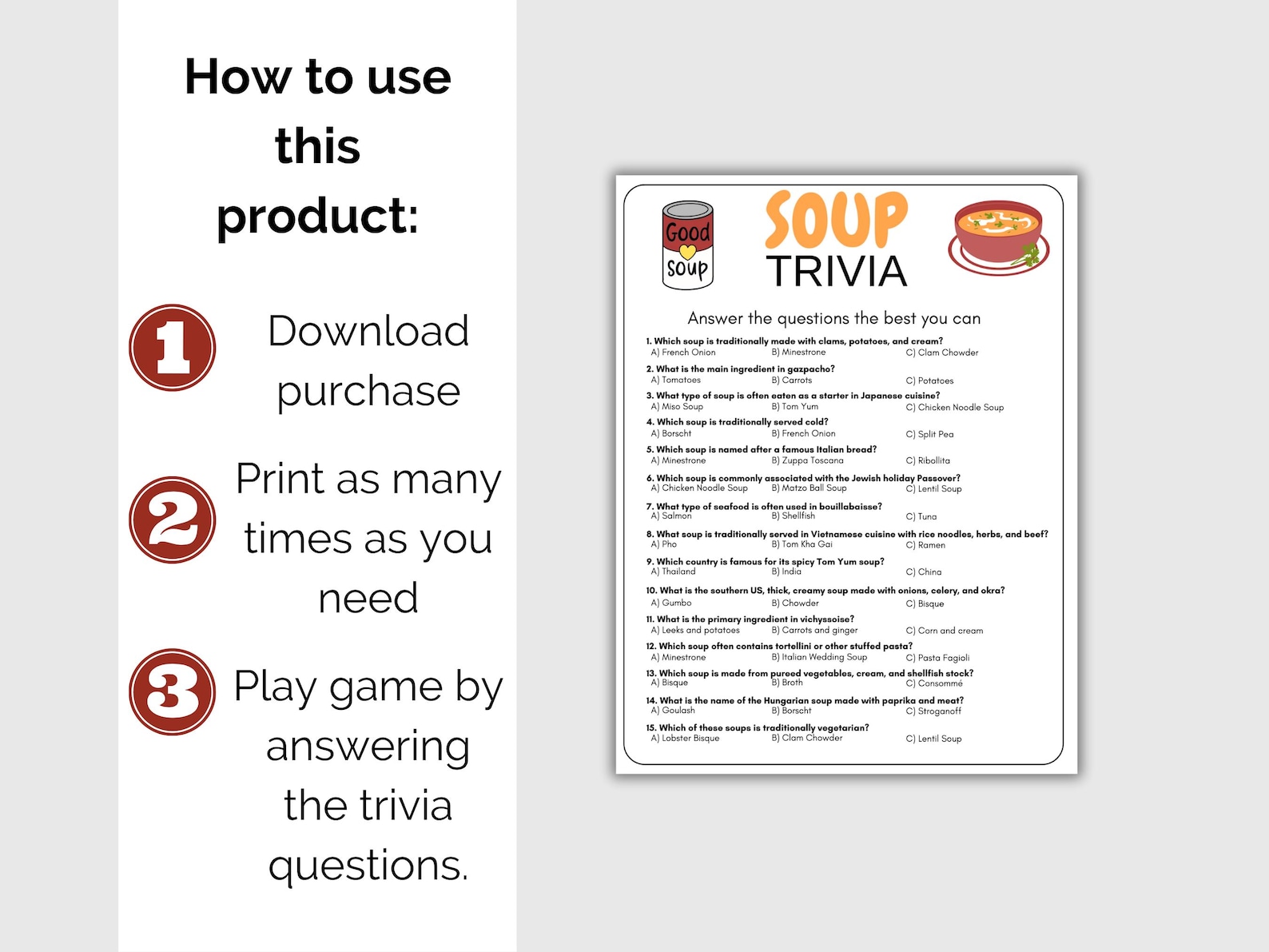Soup Trivia Game, Soup Quiz, Printable Soup Cook-off Game for Kids and ...