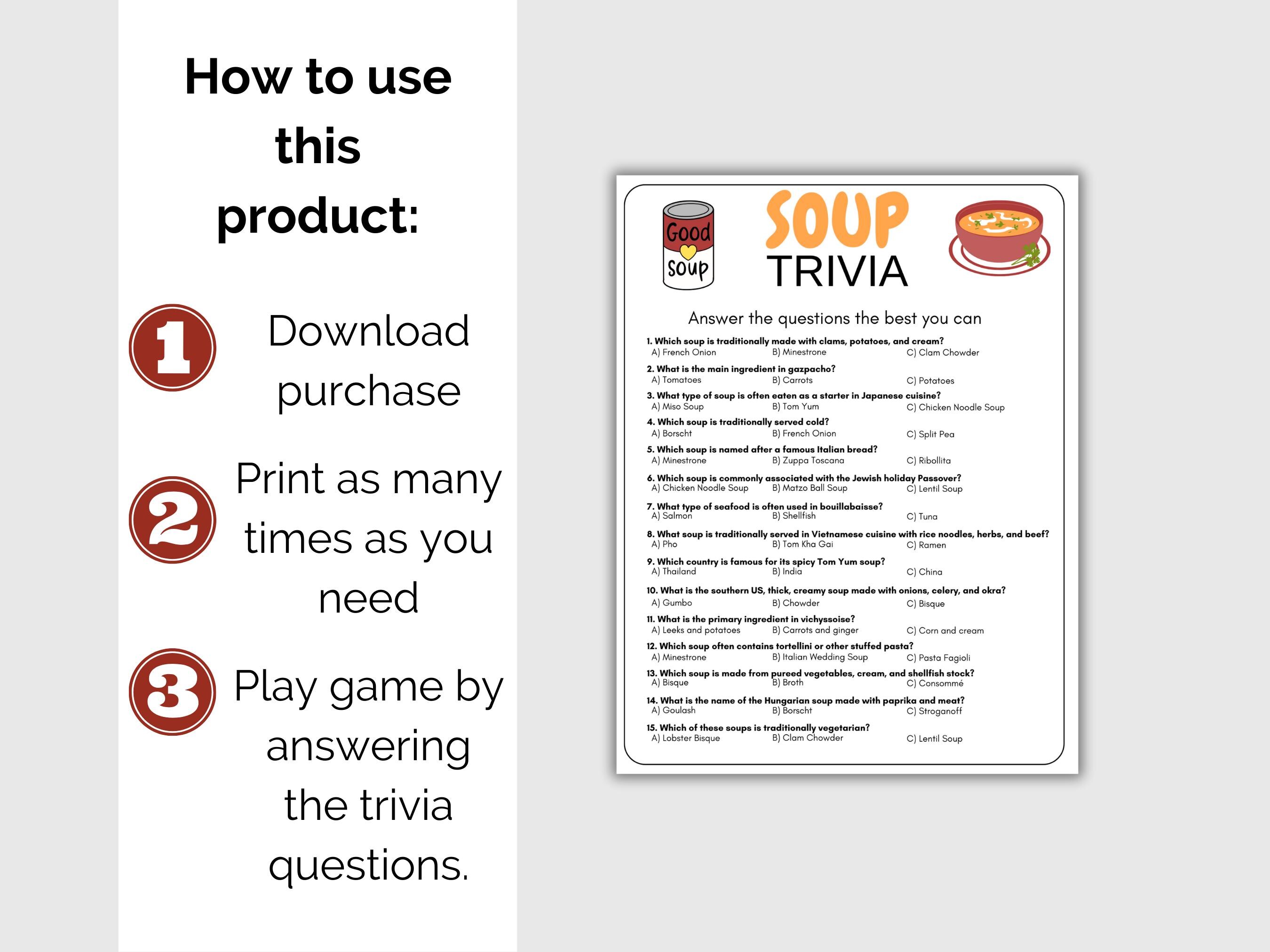 Soup Trivia Game, Soup Quiz, Printable Soup Cook-off Game for Kids and ...