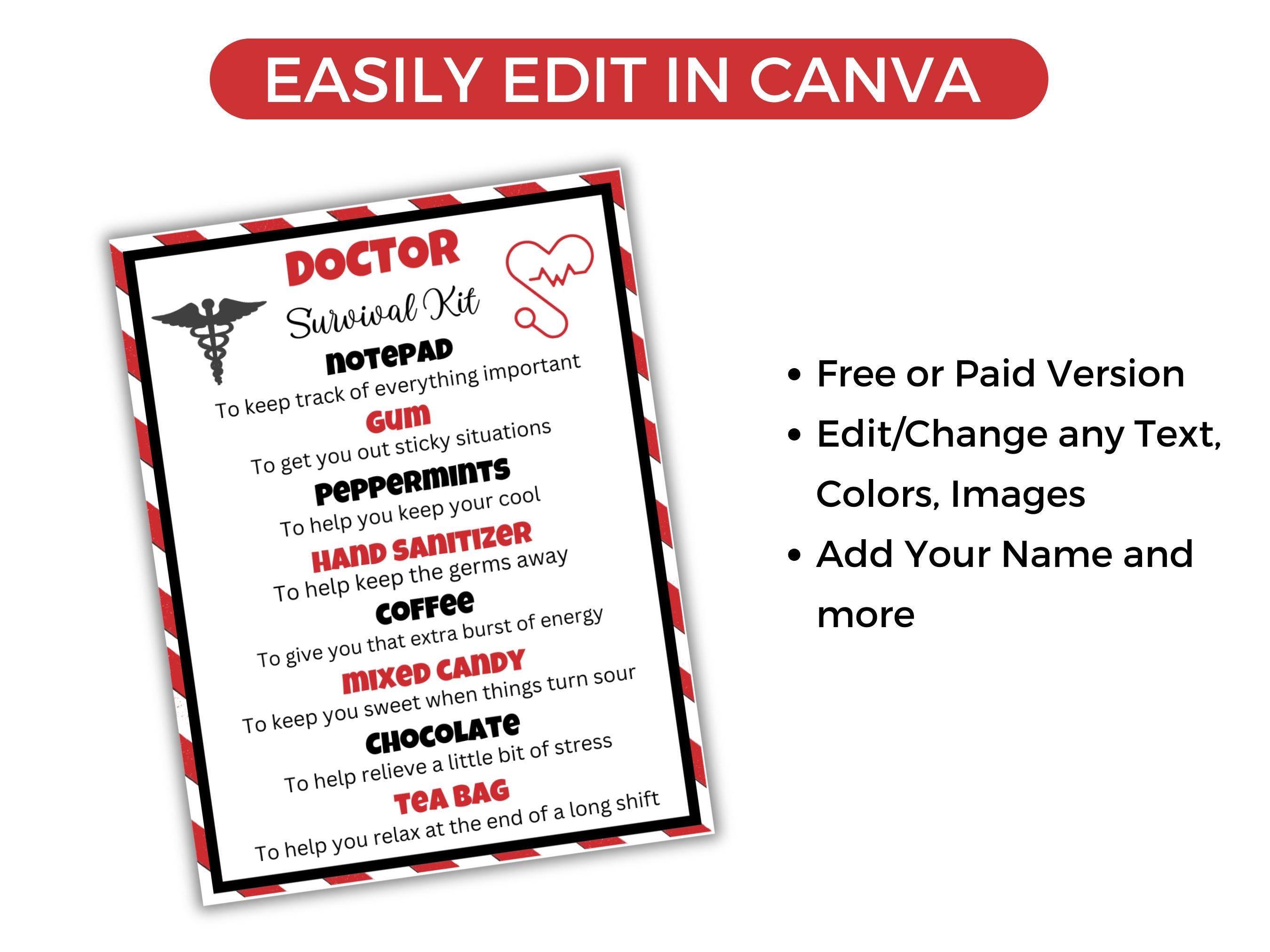 Editable Doctor Survival Kit Gift Tags, National Doctors Day Gift ...