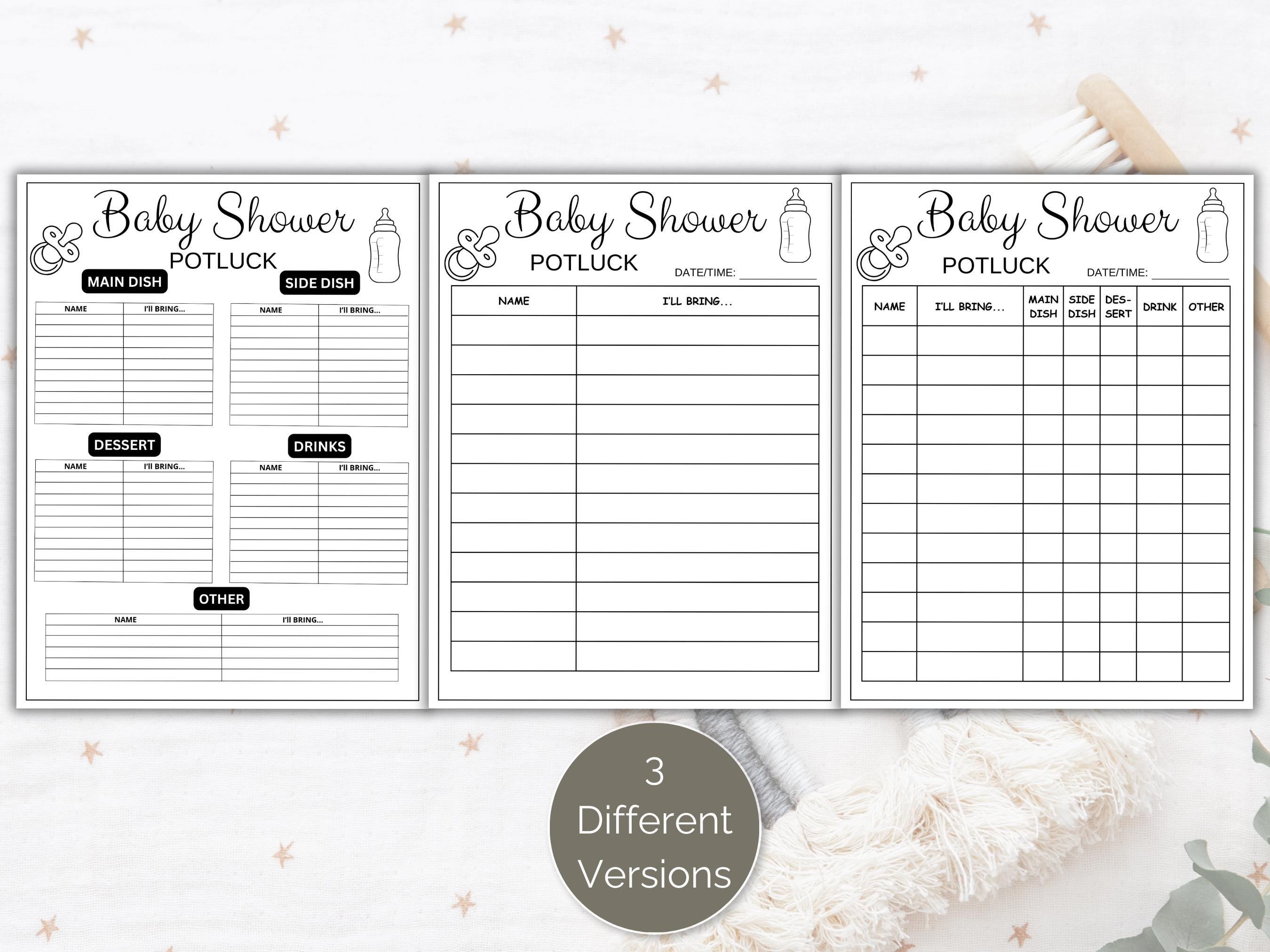 Baby Shower Potluck Sign up Sheet, Printable Baby Shower Potluck Sign ...