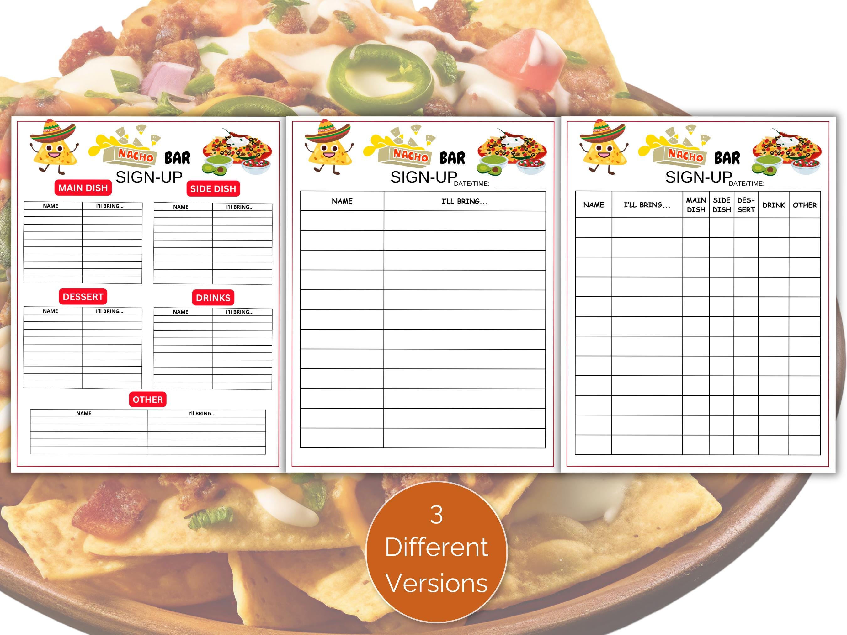Nacho Bar Sign up Sheet, Printable Nacho Bar Potluck Sign up Form ...