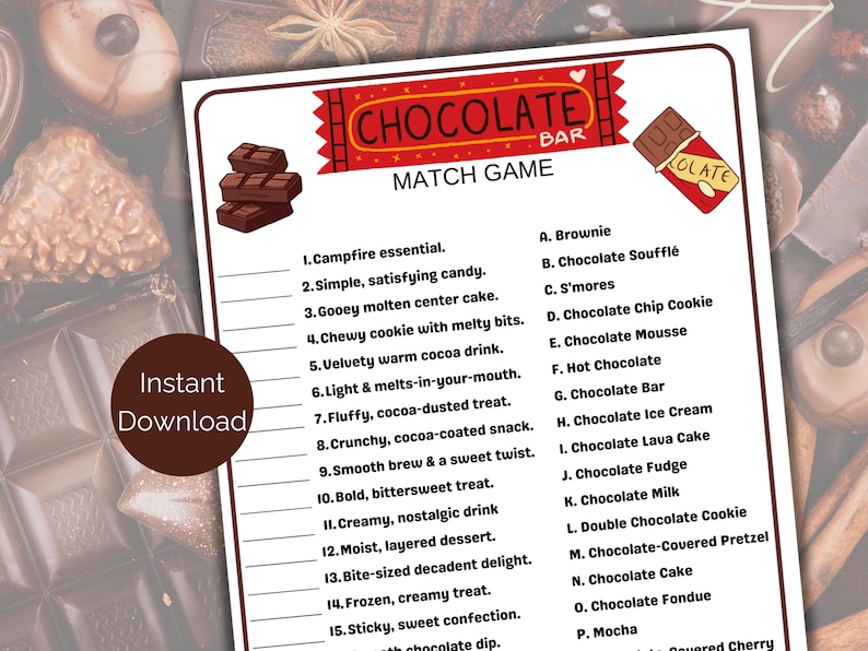 Chocolate Match Game, Printable Chocolate Party Quiz, Chocolate Matchup ...
