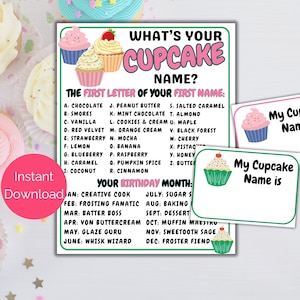 What's Your Cupcake Name Game + Name Tags, Cupcake Birthday Party Game ...