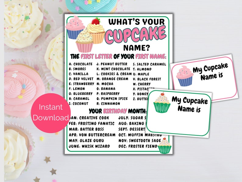 What's Your Cupcake Name Game + Name Tags, Cupcake Birthday Party Game ...