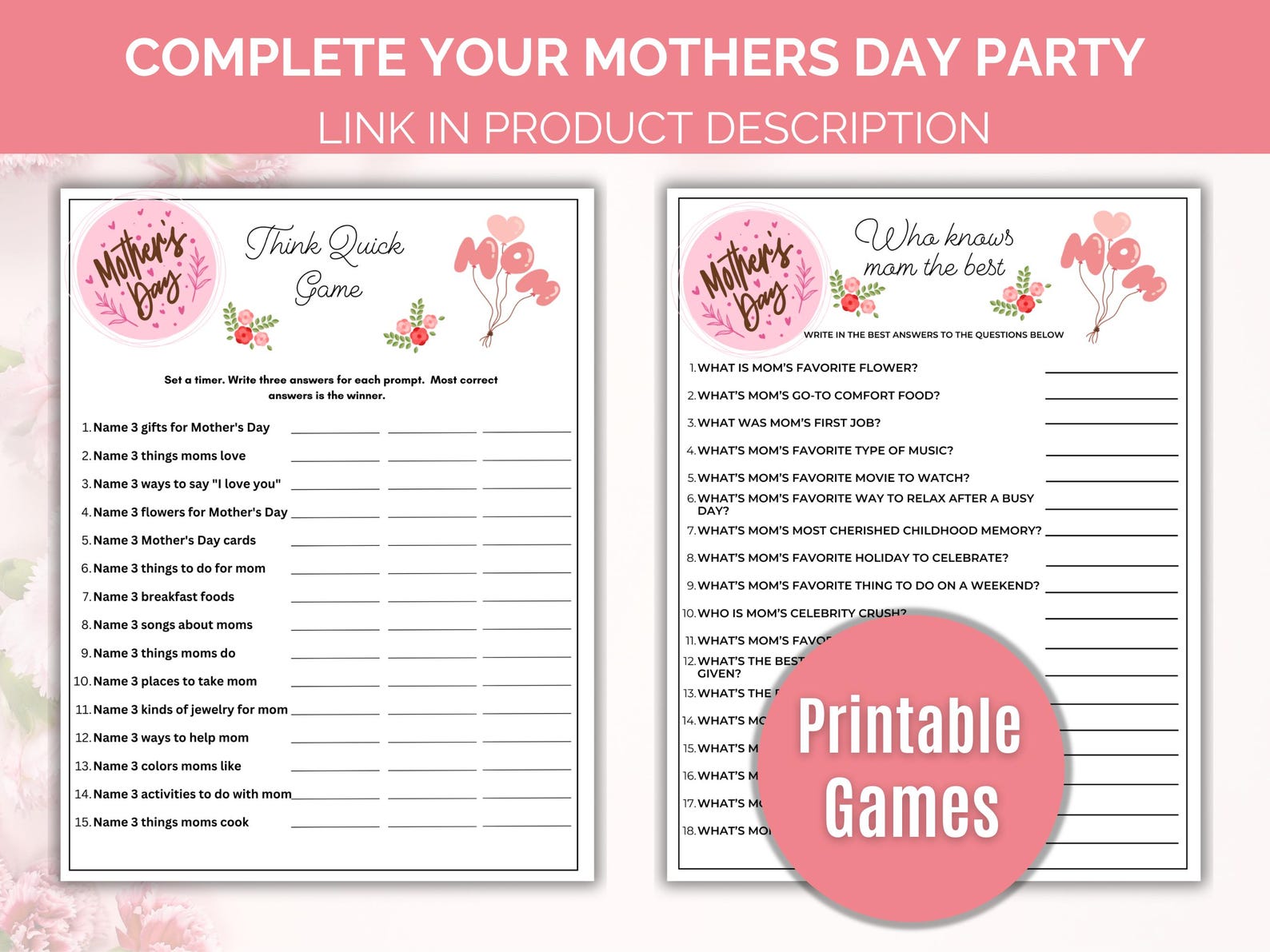 Mothers Day Trivia Game, Printable Mothers Day Quiz, Mothers Day Party ...