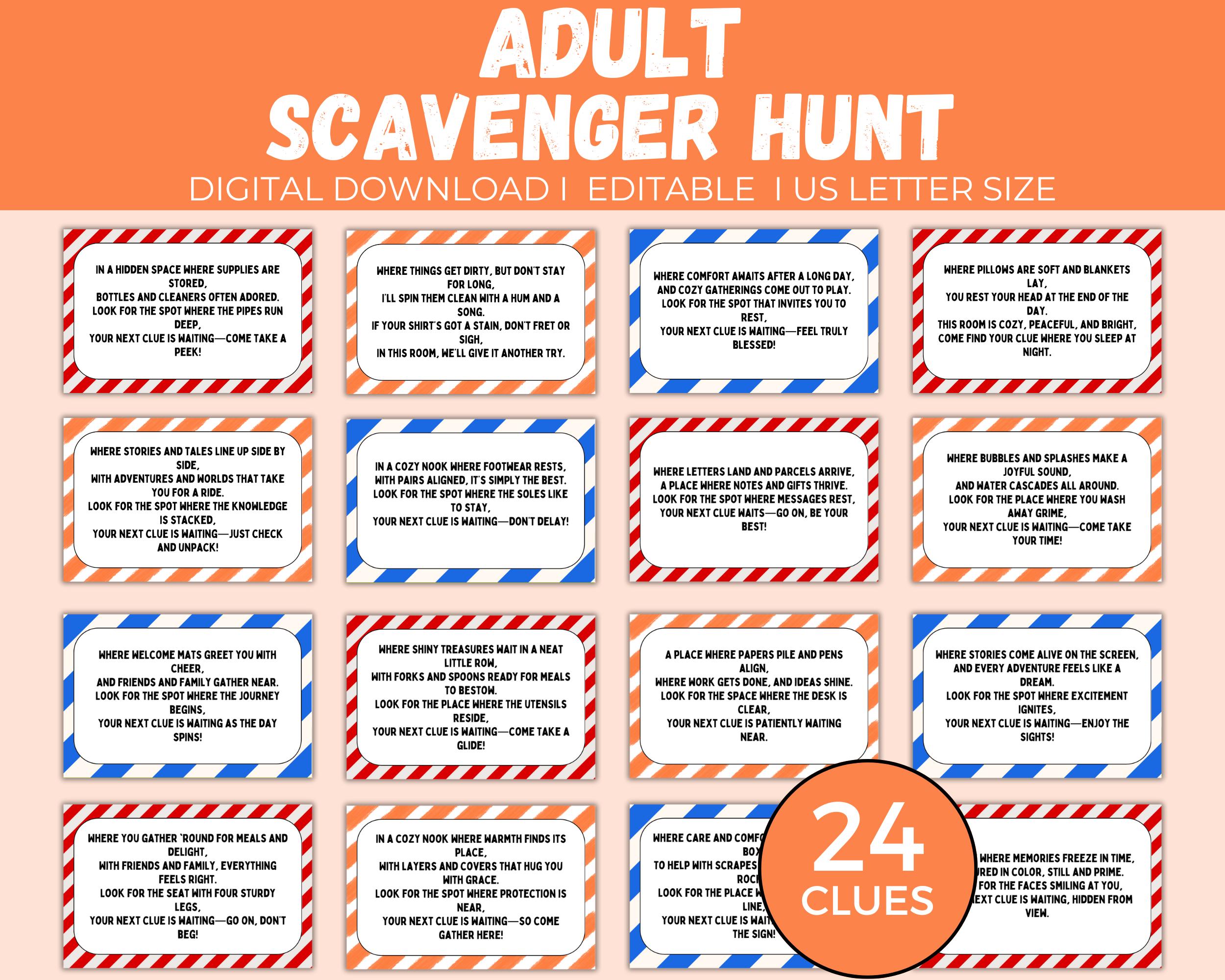 Indoor Adult Scavenger Hunt, Printable at Home Adult Treasure Hunt ...