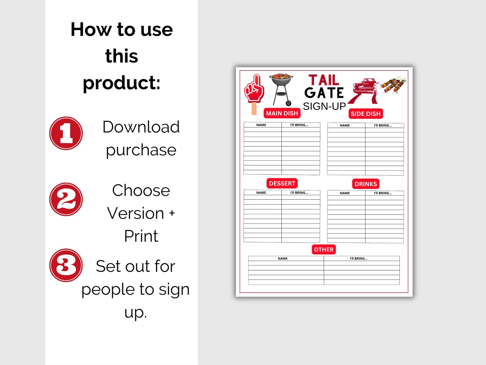 Tailgate Sign up Sheet, Printable Tailgate Party Potluck Sign up Form ...