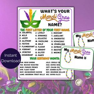 What's Your Mardi Gras Name Game + Name Tags, Mardi Gras Activity ...